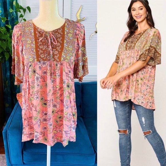 Gigio | Tops | Gigio I Sea Coral Pink Floral Print Lace Up Top Tunic ...